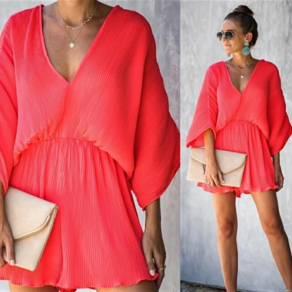 Pants & Jumpsuits | New Coral Pleated Romper Doral Sleeves | Poshmark